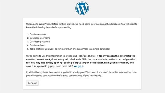 Wordpress installer step 1